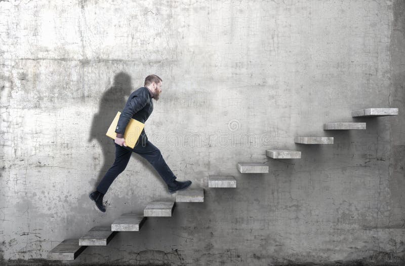 Side View of a Man Climbing Up the Steps in a Blank Concrete Wall. 3d ...