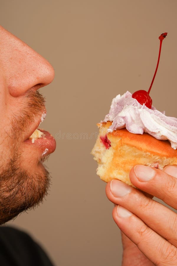 Side View of a Man Enjoying a Rich Cake Slice, Ideal for Food, Cravings ...