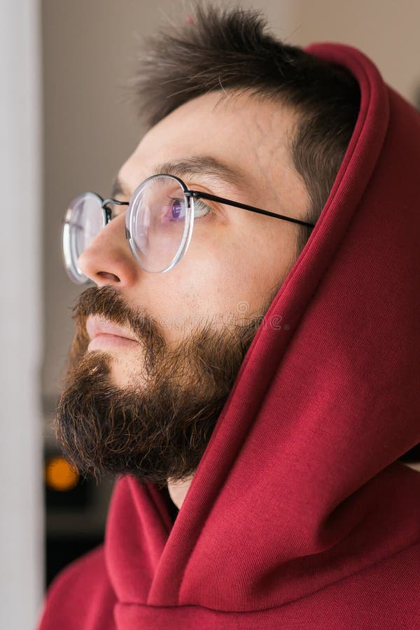 Side View of Man Longing and Looking through Window in Sad Day ...
