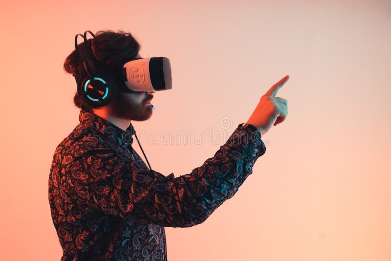 Side View of a Man Using the Virtual Touch Operations with Vr Goggles ...