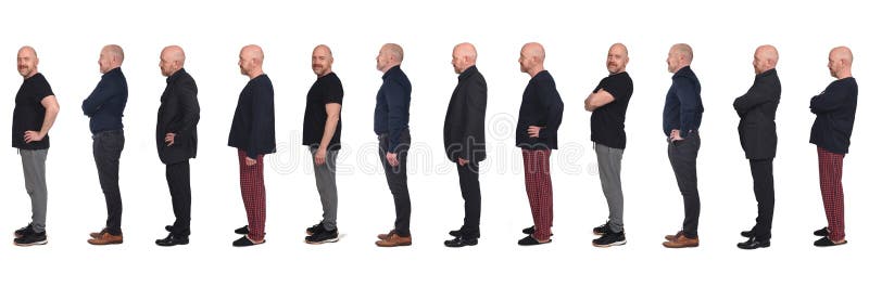 Side View of a Man in Various Outfits on White Background Stock Photo ...