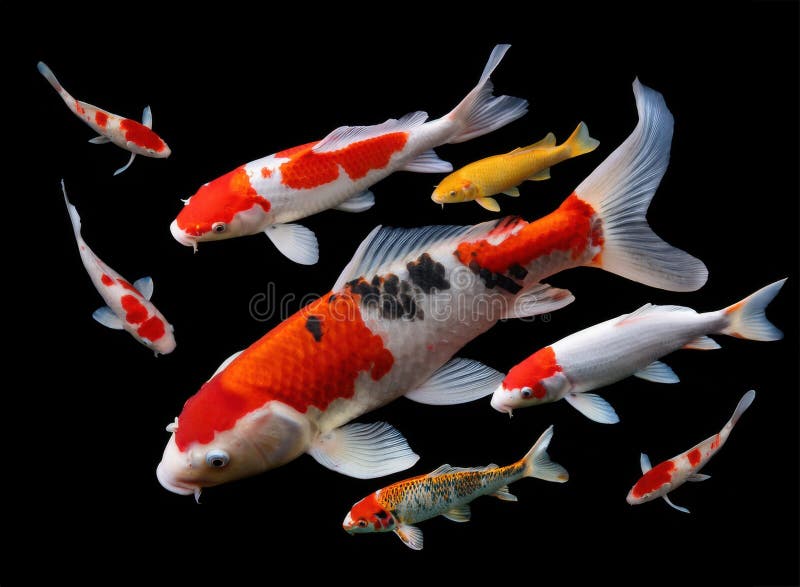 Side View of Many Koi Carp on Isolated Black Background Stock Image ...