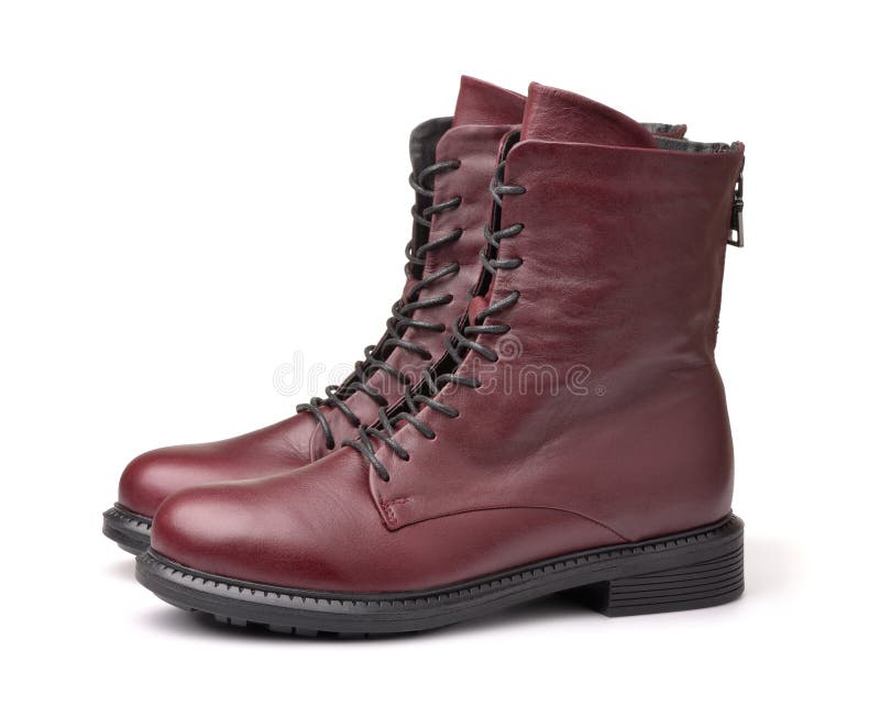 Side View of Maroon Leather Winter Ladies Boots Stock Photo - Image of ...