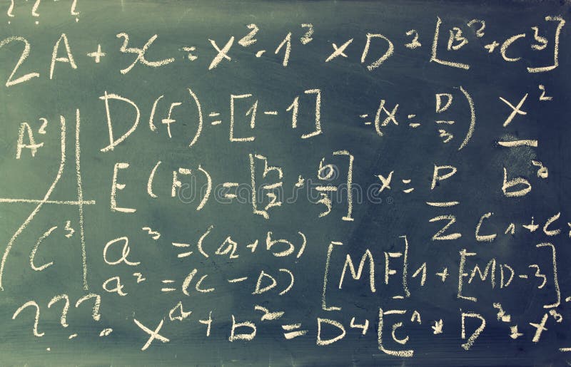 Side View of Math Formulas and Calculation Written Over Chalkboard ...