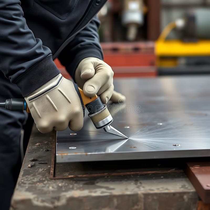 A Side View of a Mechanic Using a Deburring Tool on a Large Metal Sheet ...