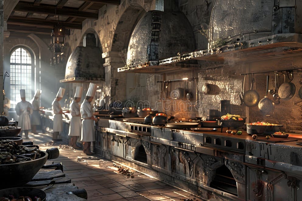 Side View of a Medieval Kitchen, CG 3D Rendering, Chefs Preparing Stock ...