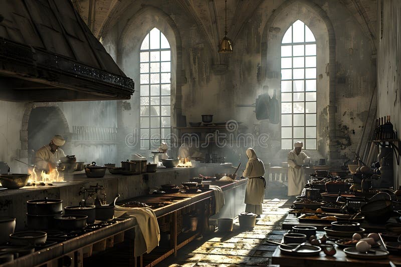 Side View of a Medieval Kitchen, CG 3D Rendering, Chefs Preparing Stock ...