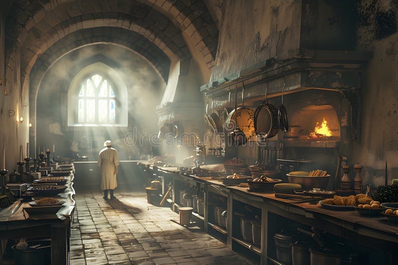 Side View of a Medieval Kitchen, CG 3D Rendering, Chefs Preparing Stock ...
