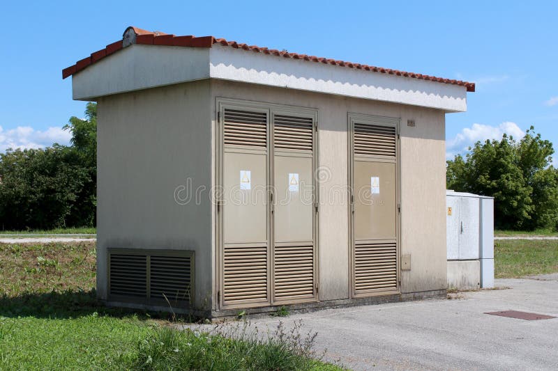 Side View of Medium Size Local Electricity Substation Building with ...