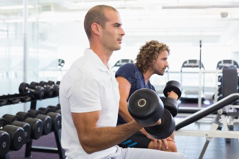 Side View of Men Exercising with Dumbbells in Gym Stock Image - Image ...