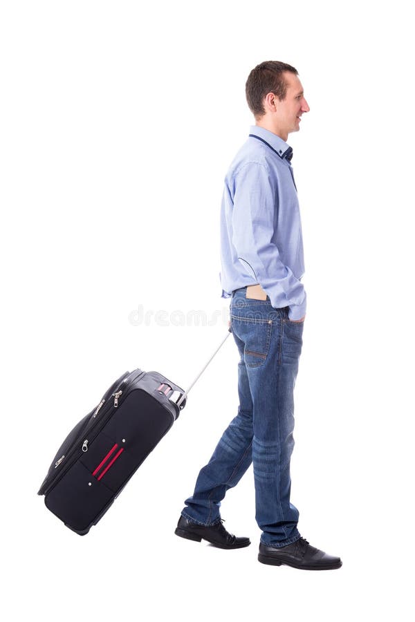 Side View of Middle Aged Business Man Walking with Suitcase Isolated on ...