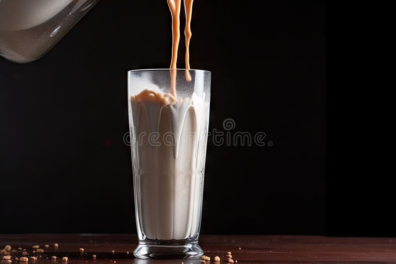 Side View of Milkshake Being Poured into Tall Glass, with Condensation ...