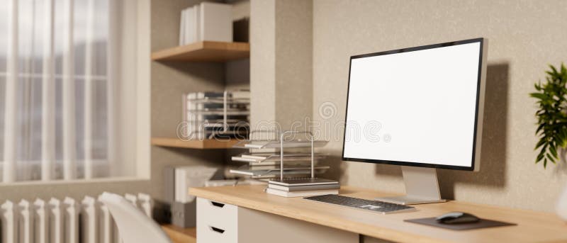 A Side View of a Minimalist Scandinavia Home Office Workspace Features ...