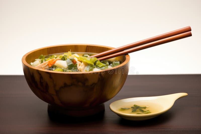Side View of Miso Soup in a Wooden Bowl, Spoon Aside Stock Illustration ...