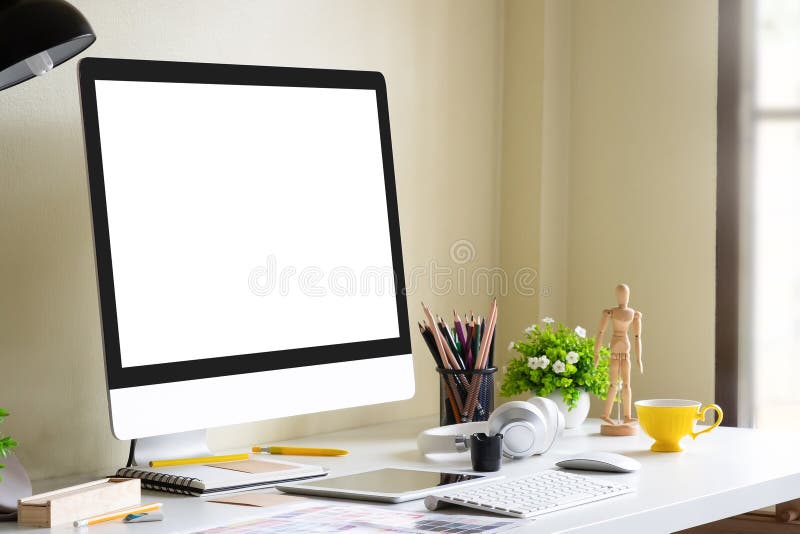 Side View Mockup Computer on Office Workplace. Stock Image - Image of ...