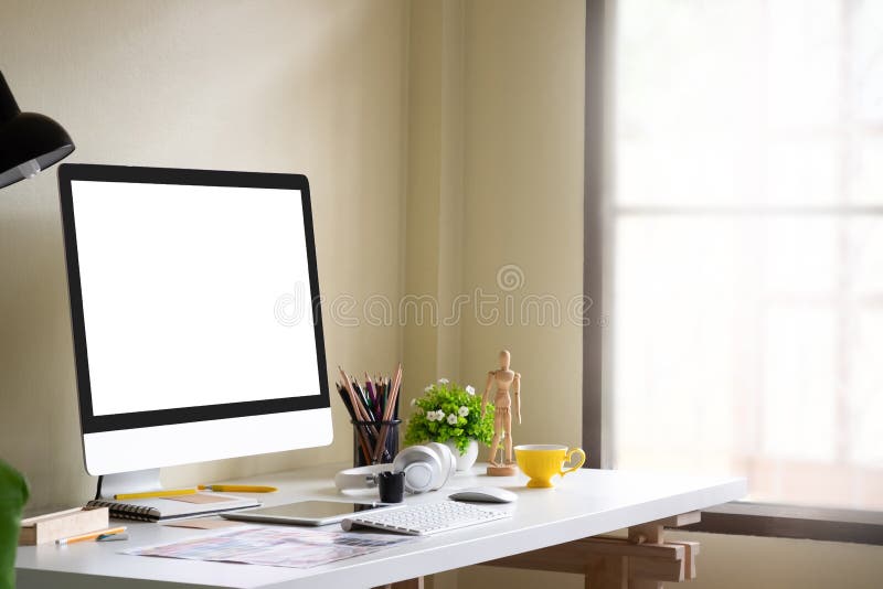 Side View Mockup Computer on Office Workplace. Stock Image - Image of ...
