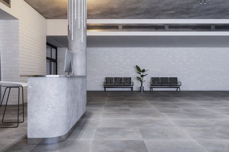 Side View of Modern Brick Office Interior with Reception Desk, Columns ...