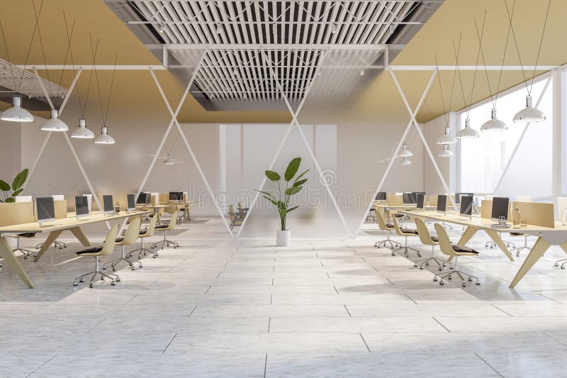 Side View on Modern Computers on Yellow Shadow Work Tables in Sunlit ...