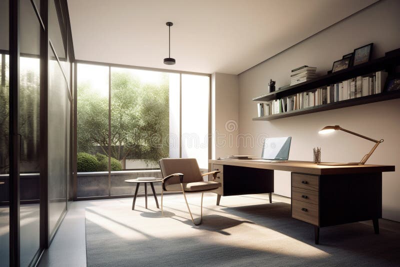 Side View on Modern Home Office Table with Computer, Chair and Big ...