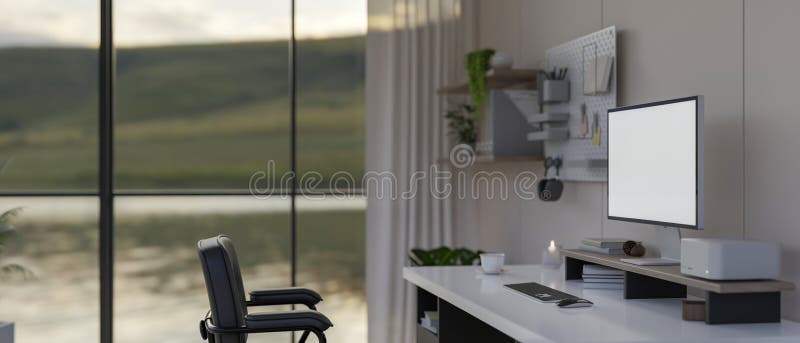 Side View, Modern Home Office Workspace Interior Design with Large ...