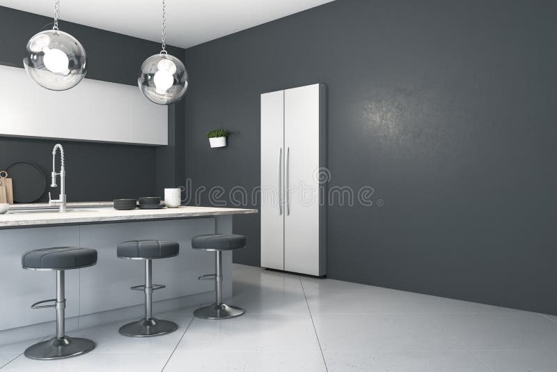 Side View of Modern Kitchen Interior with Island, Stools, Decorative ...