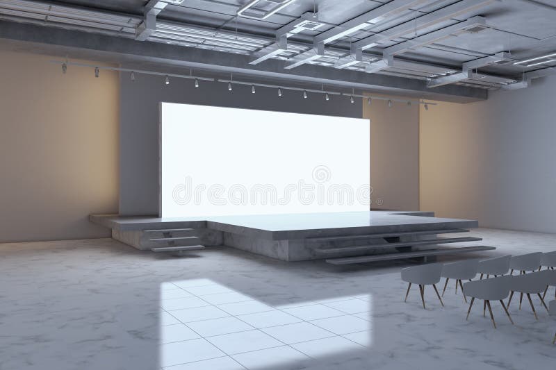 Side View of Modern Luxury Auditorium with Stage and Blank White Mock ...
