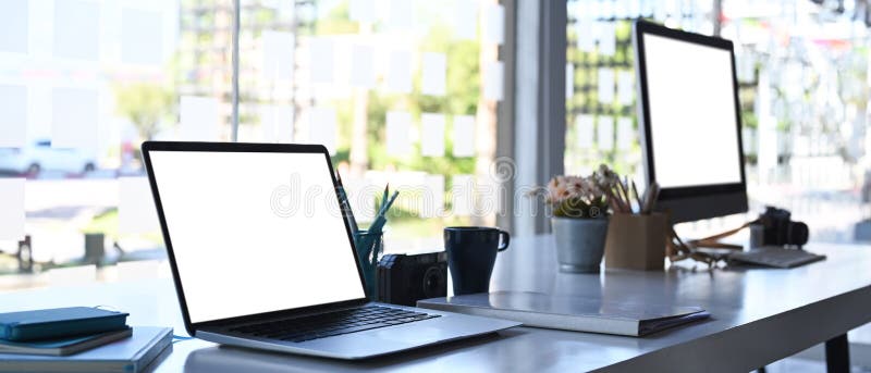 Side View of Modern Multiple Devices Mockup on White Table. Stock Photo ...