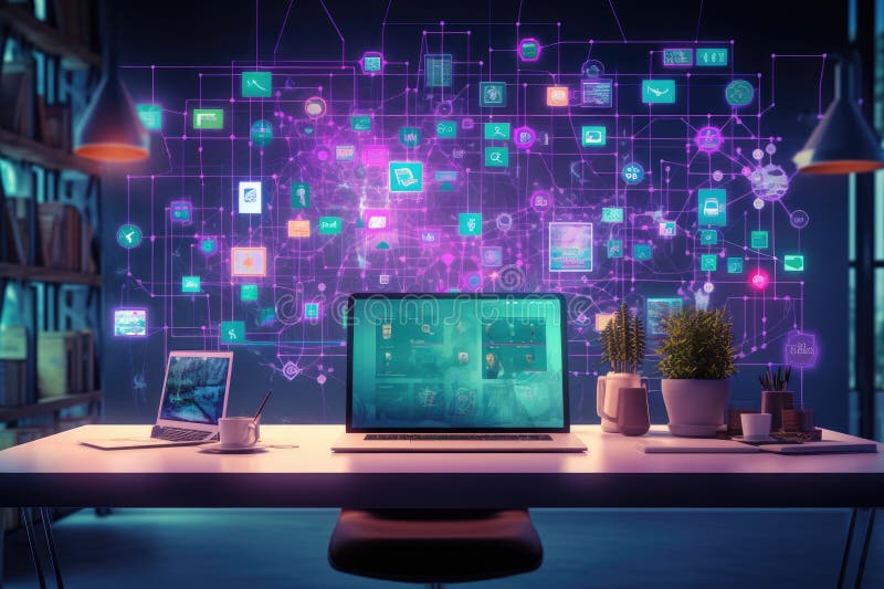 Side View of a Modern Office Desktop with a Laptop on it, a Plant in a ...