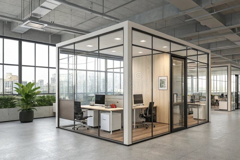 Side View of Modern Office with Glass Partition Workspaces Stock ...