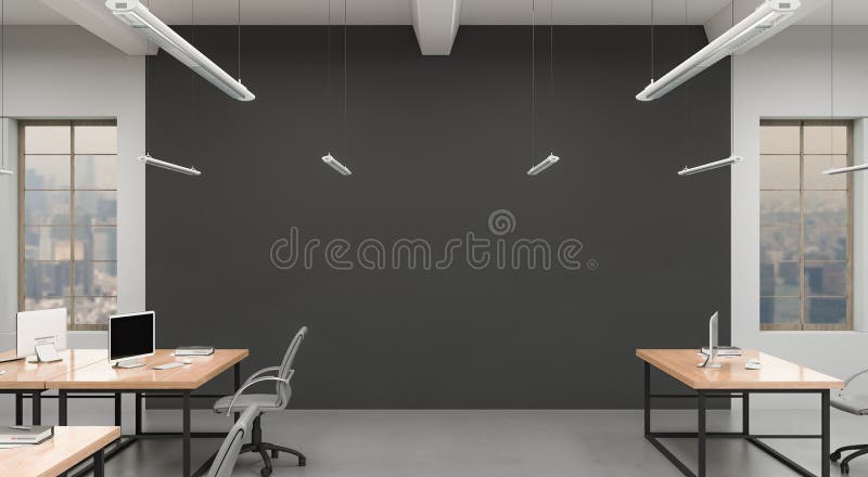 Side View of a Modern Office with a Grey Wall. Rows of Tables, Equipped ...