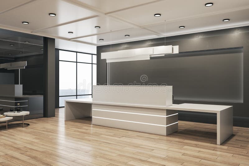 Side View of Modern Office Lobby Interior with Reception Desk, Wooden ...