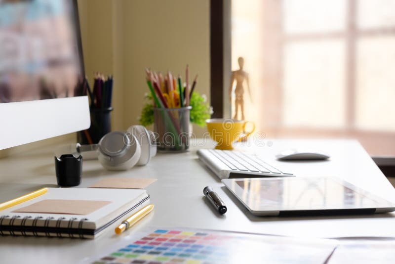 Side View Modern Office Workplace with Digital Tablet, Notepad, Stock ...