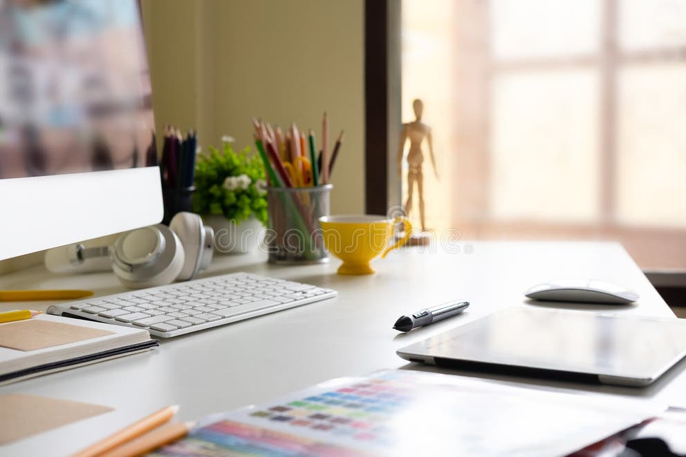 Side View Modern Office Workplace with Digital Tablet, Notepad, Stock ...