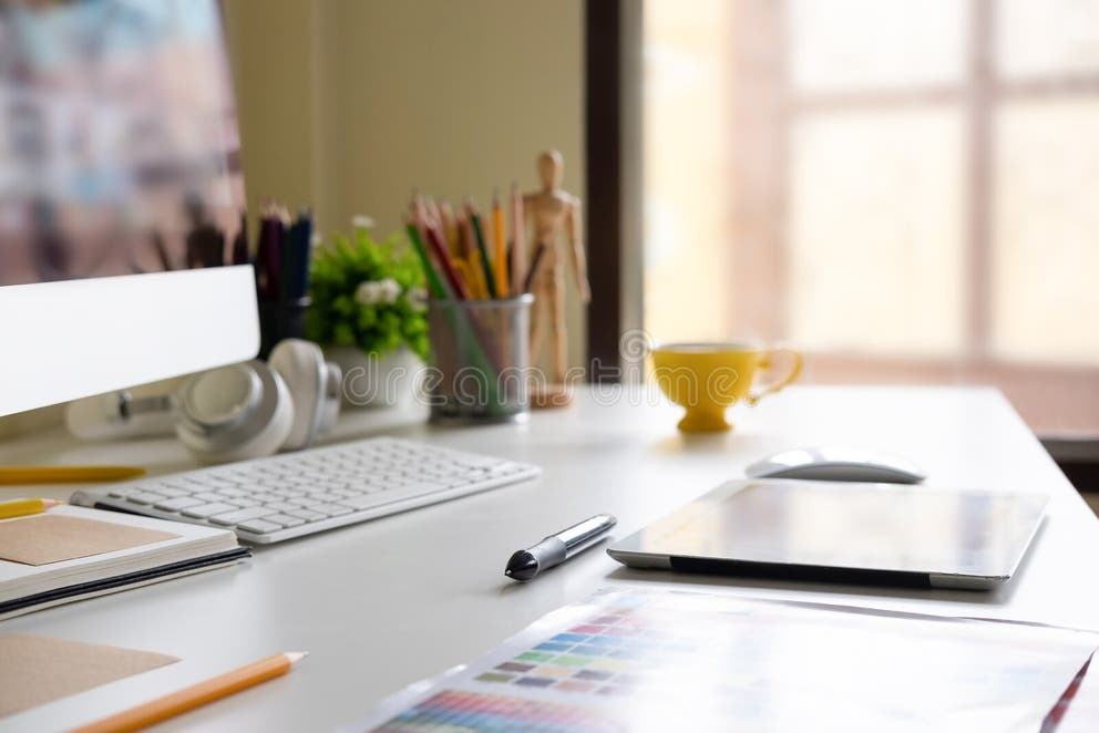 Side View Modern Office Workplace with Digital Tablet, Notepad, Stock ...