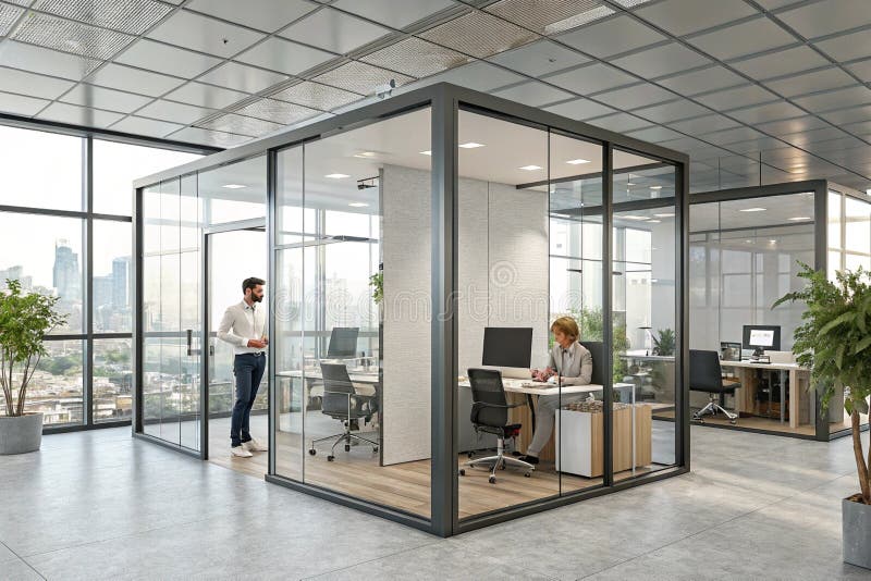 Side View of Modern Office with Glass Partition Workspaces Stock ...