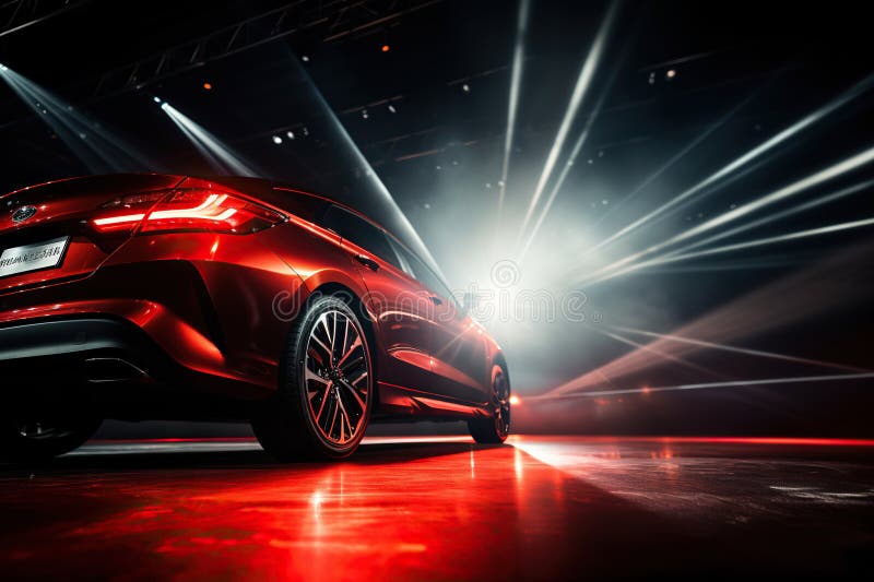 Side View of a Modern Red Car in the Bright Rays of a Spotlight ...