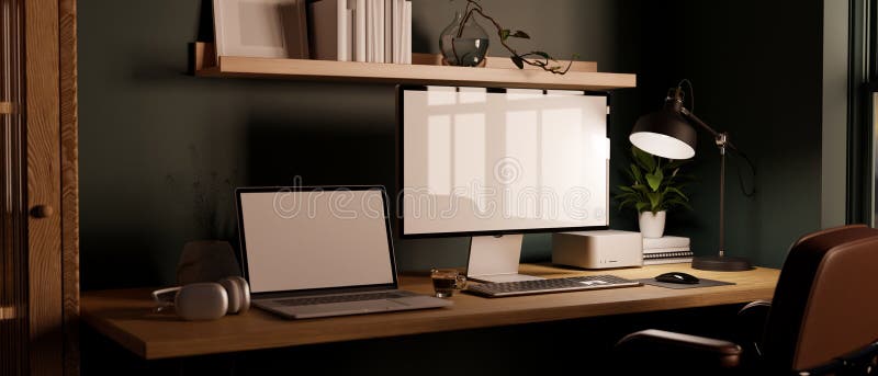 Side View, Modern Stylish Workstation with PC Computer Against the Dark ...