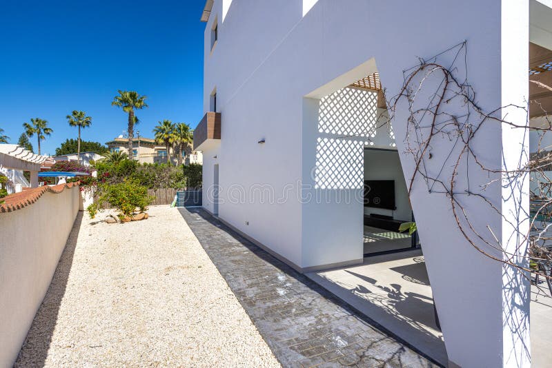 Side View of Modern White Villa Stock Image - Image of architecture ...