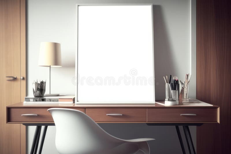 Side View of Modern Workplace with Blank Picture on Wooden Desk. Mock ...