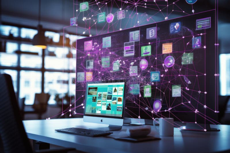 Side View of Modern Workplace with Computer and Abstract Media Screen ...