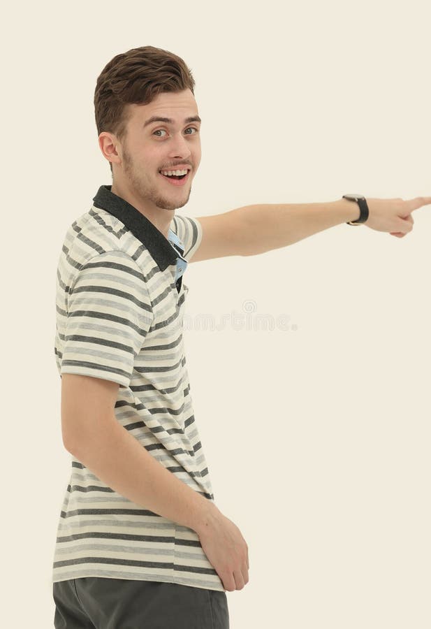 Side View.modern Young Man Pointing Forward and Looking at the Camera ...