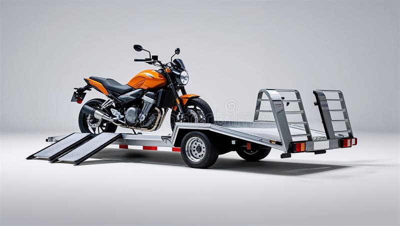 Side View of a Motorcycle Transporter Trailer with Ramps and Low Bed ...