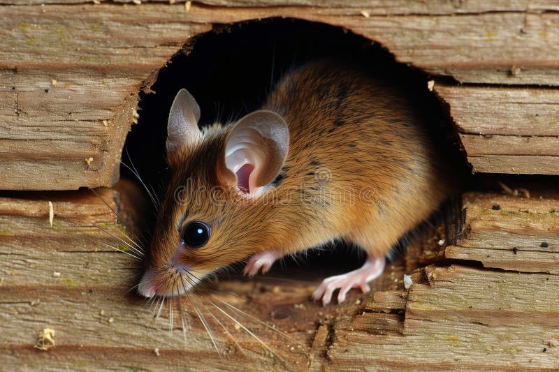 Side View of Mouse with One Eye Visible in Barn Wood Knot Hole Stock ...