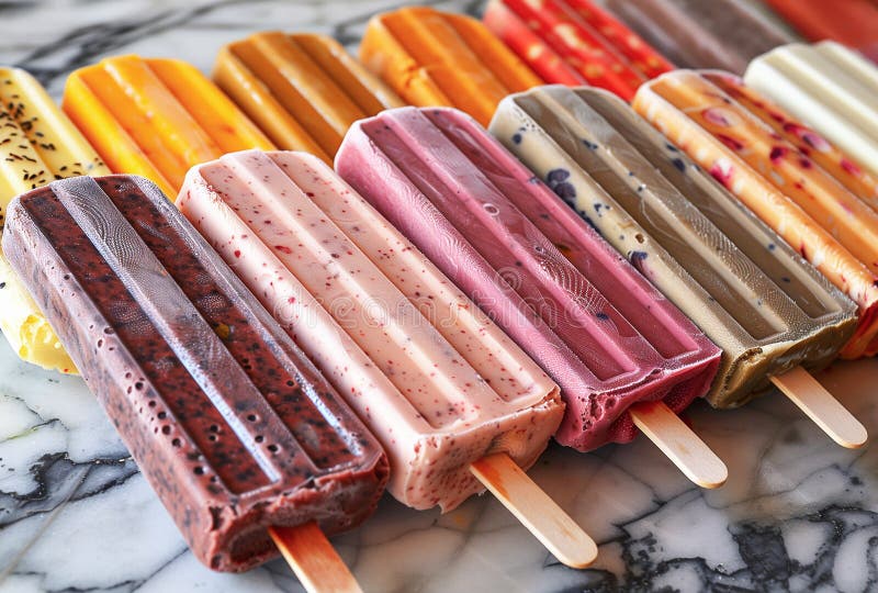 Side View of Multi-colored Fruit Popsicles on Stick on a Marble ...