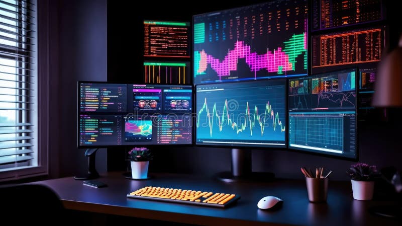 The Side View of a Multi Computer Screen Displaying Multiple Financial ...