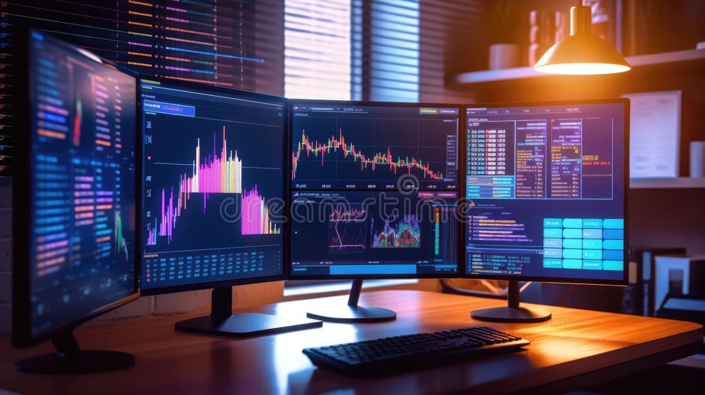 The Side View of a Multi Computer Screen Displaying Multiple Financial ...