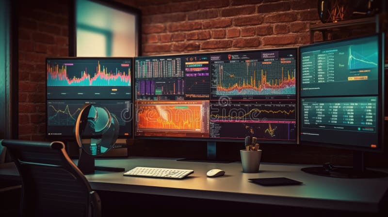 The Side View of a Multi Computer Screen Displaying Multiple Financial ...