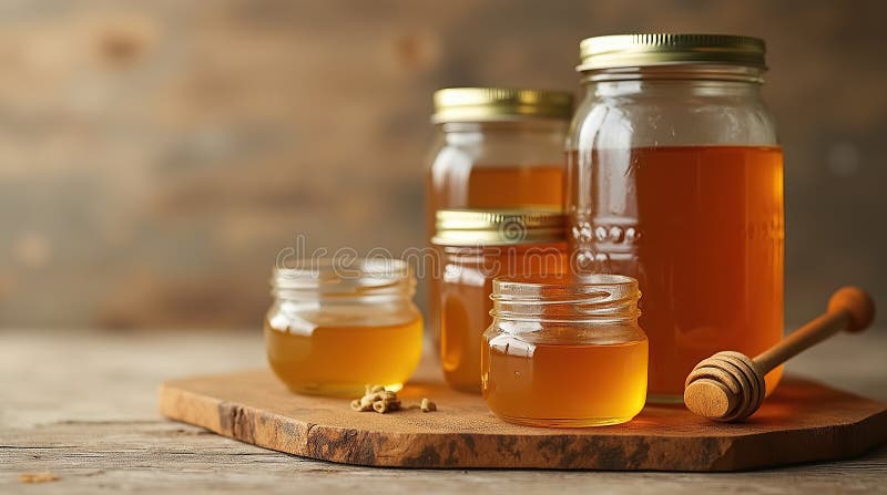 Side View of Various Honey Jars on a Wooden Surface Mockup Stock ...