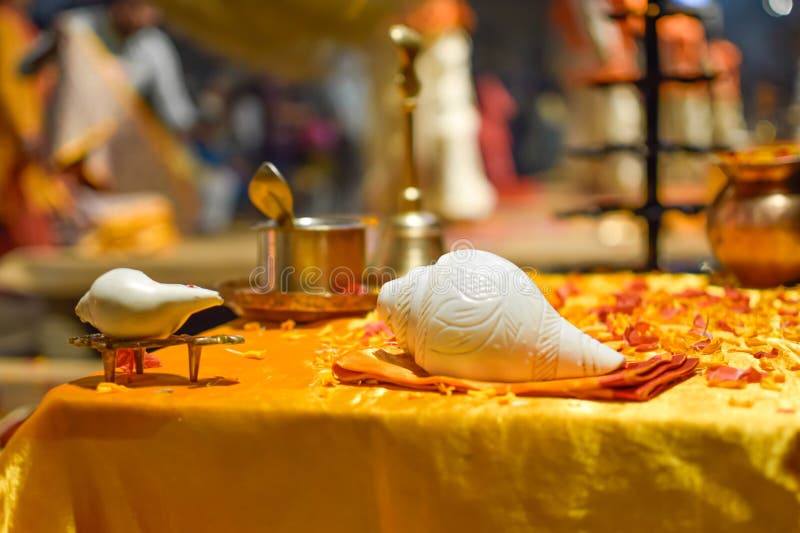 Side View Objects of Aarti Ceremony Used by Pujaris on Ganges on Golden ...
