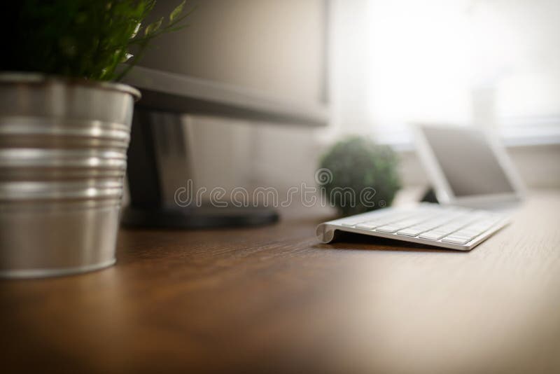 Side view of office desk stock photo. Image of tablet - 84506292